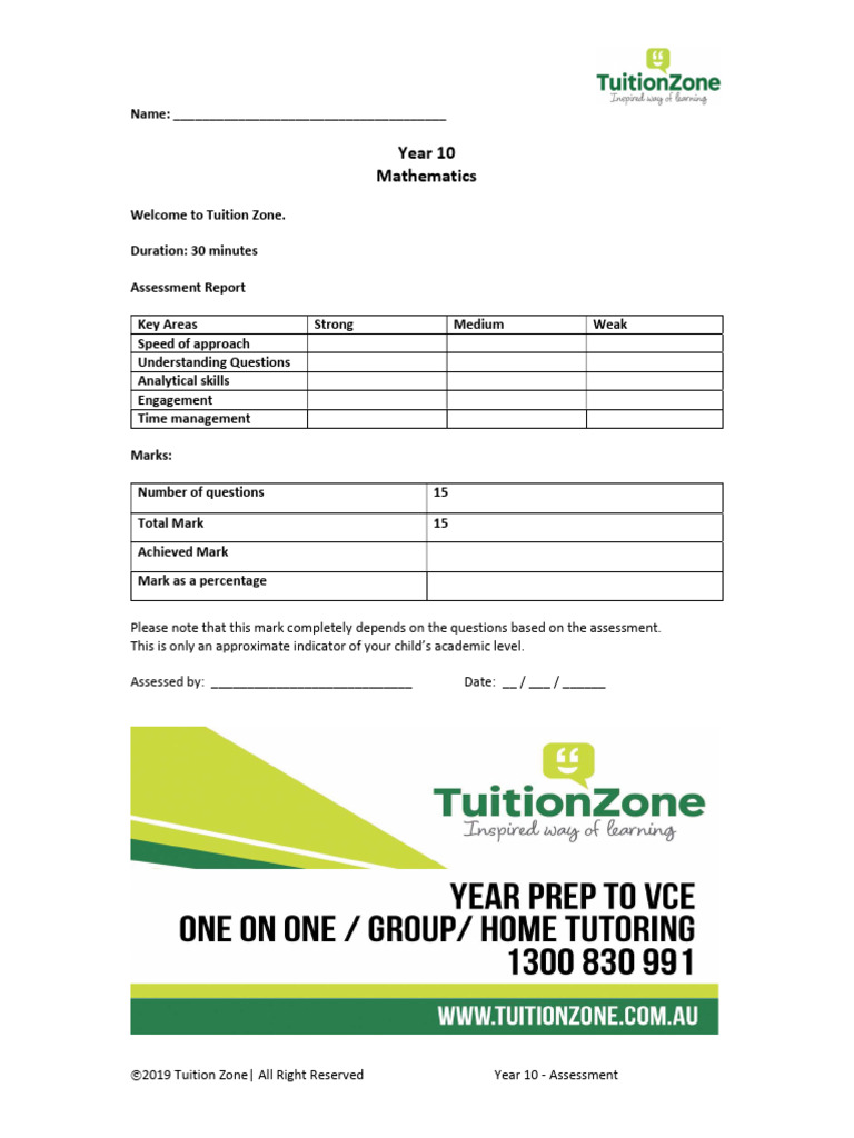 Maths Assessment Year 10 | PDF
