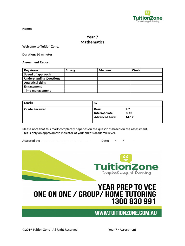 Maths Assessment Year 7 | PDF