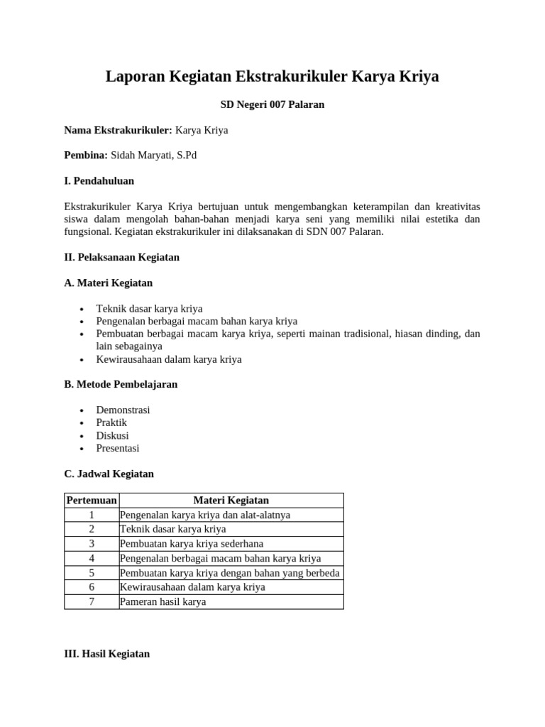 Laporan Kegiatan Ekstrakurikuler Karya Kriya | PDF