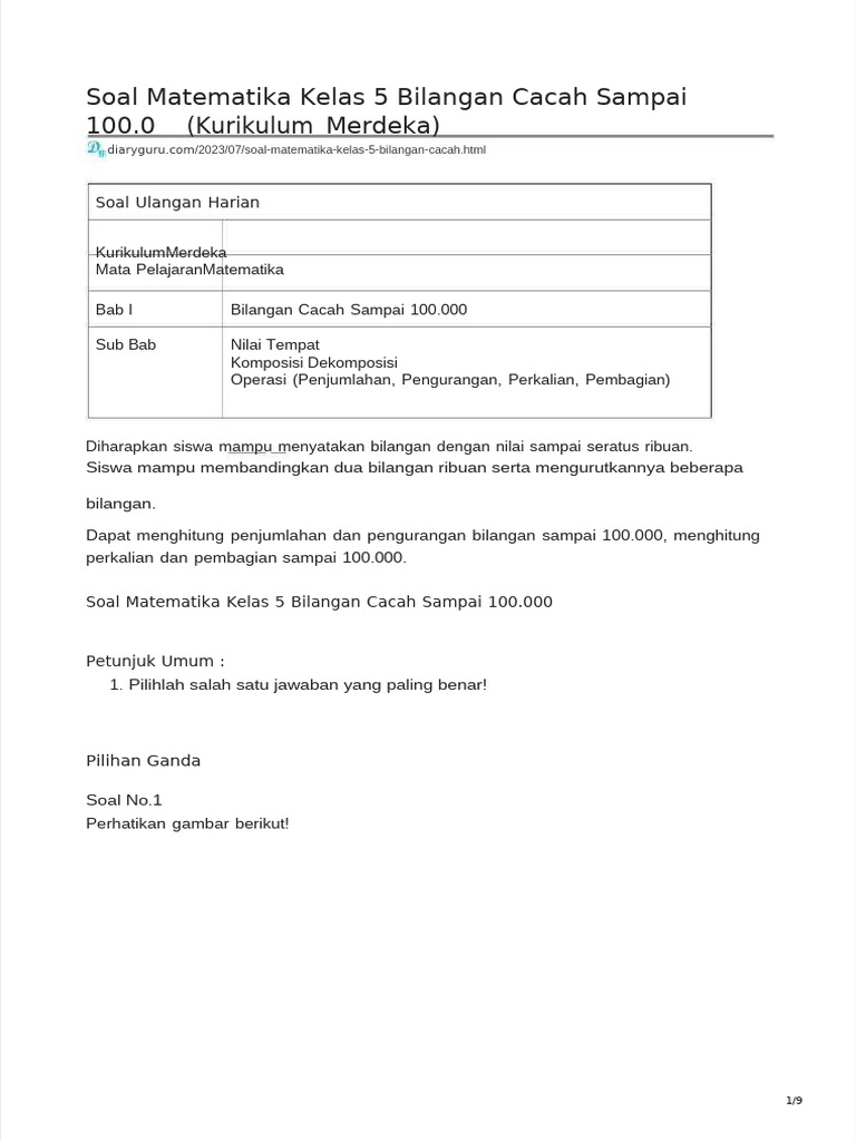 PDF Soal Matematika Kelas 5 Bilangan Cacah Sampai 100000 Kurikulum Merdeka | PDF