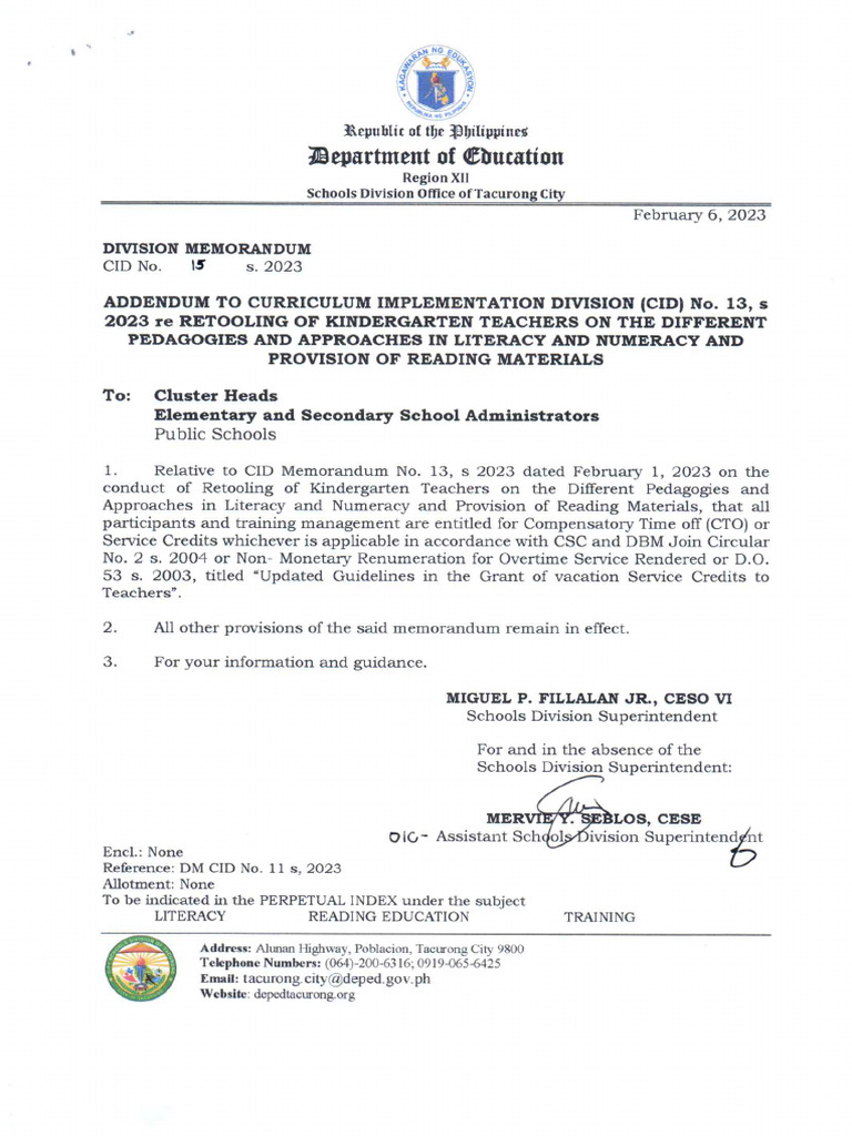 DM CID No. 15, S. 2023 - Addendum To CID No. 13, S. 2023 Re Retooling ...