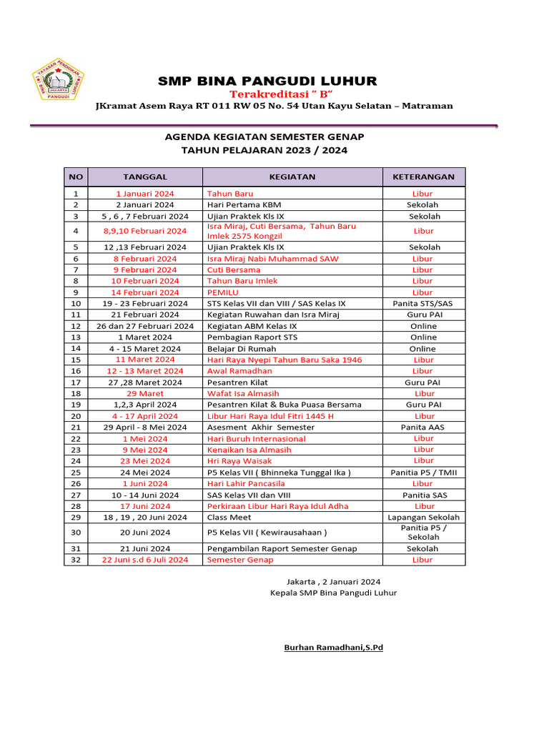 Kegiatan Semester Genap 2024 | PDF