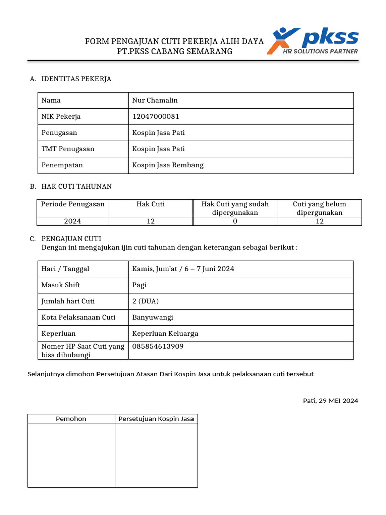 Form Pengajuan Cuti Pkss | PDF