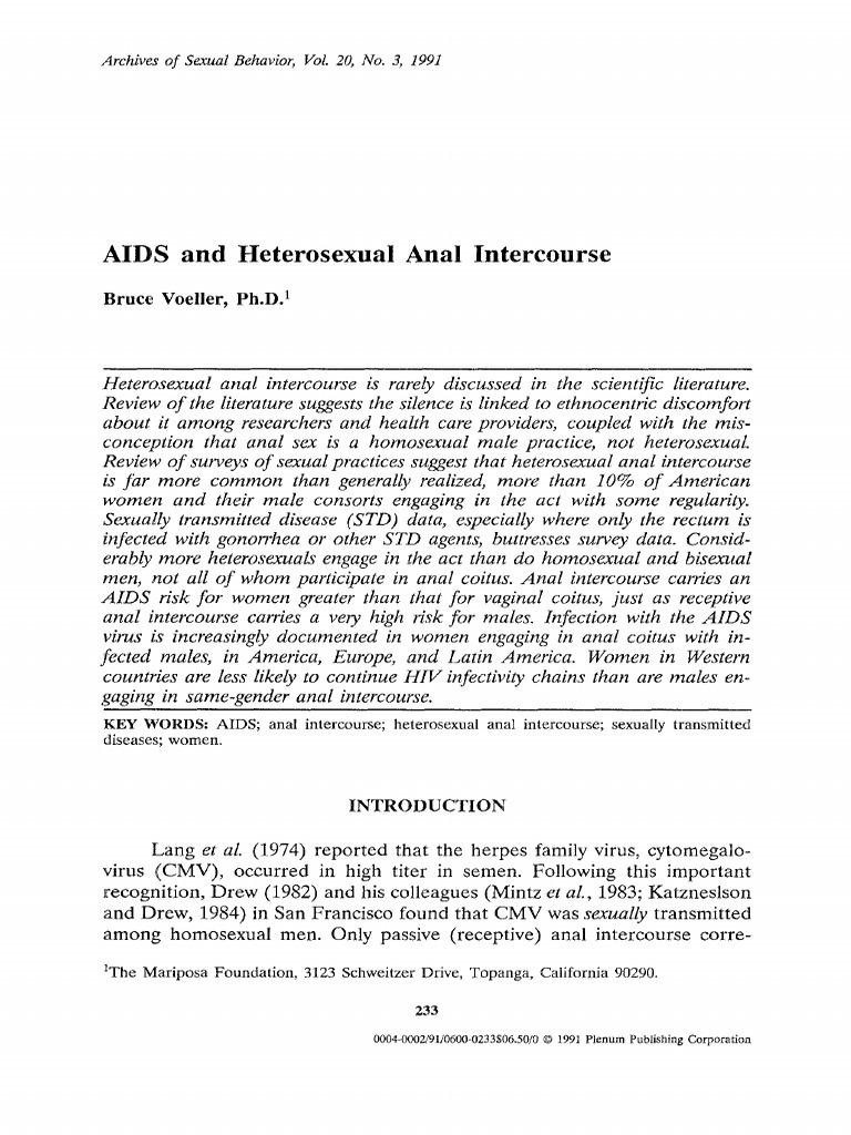 AIDS and Heterosexual Anal Intercourse Bruce Voeller, Ph.D. | PDF