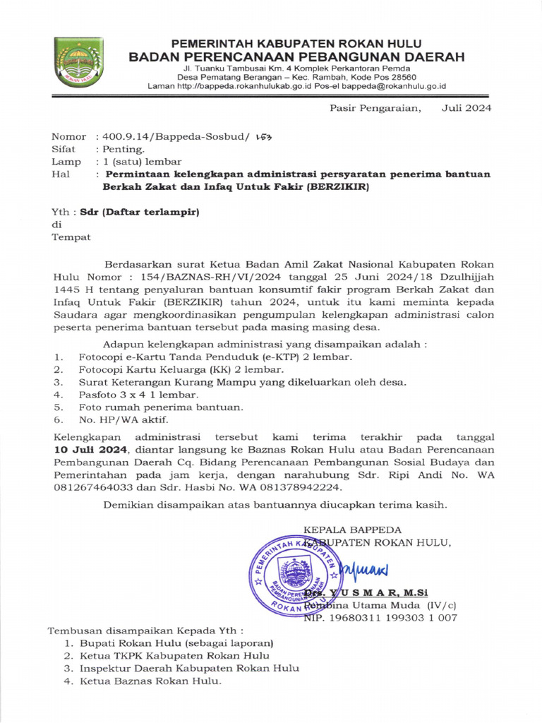 Surat Permintaan Kelengkapan Adm Program Berzikir | PDF