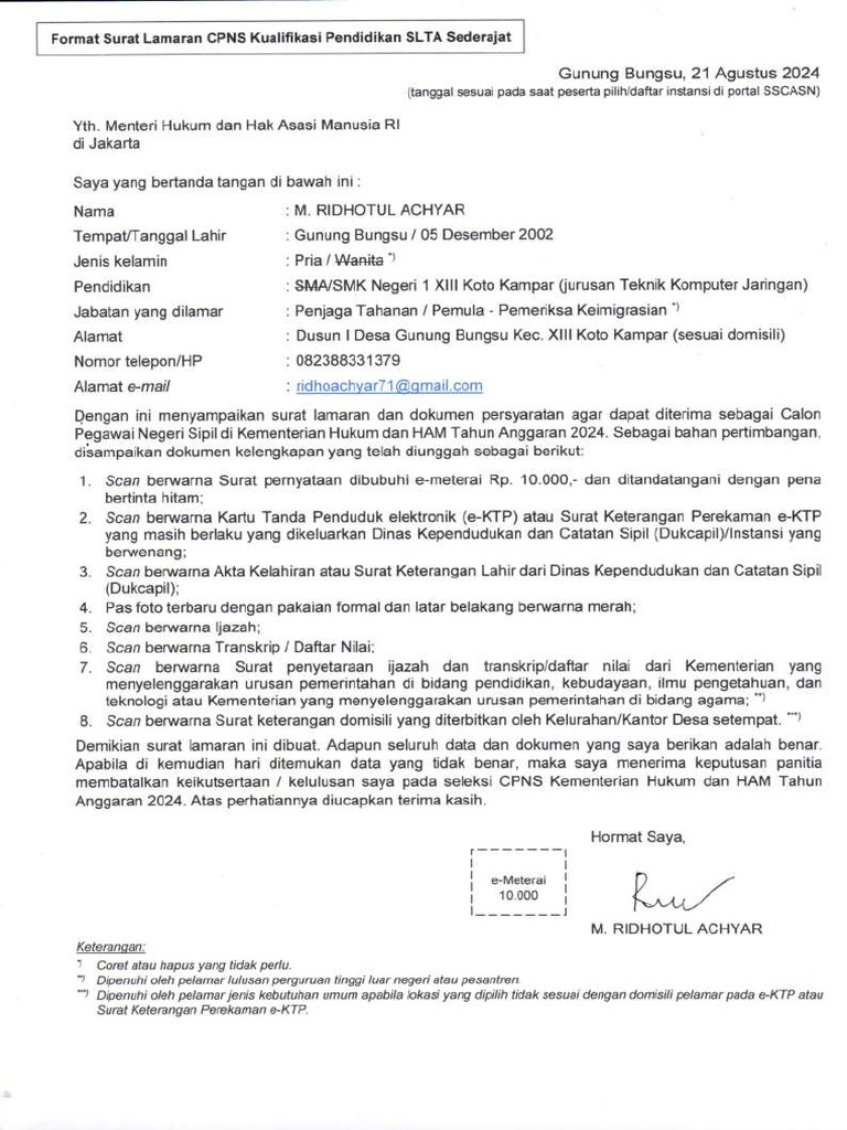 Surat Lamaran Ridho | PDF