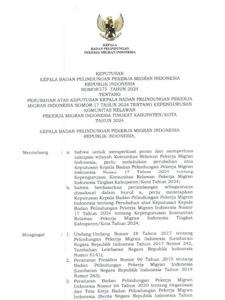 Kepka BP2MI No 275 Tahun 2024 Tentang Kepengurusan Kawan PMI Kab Dan Kota | PDF