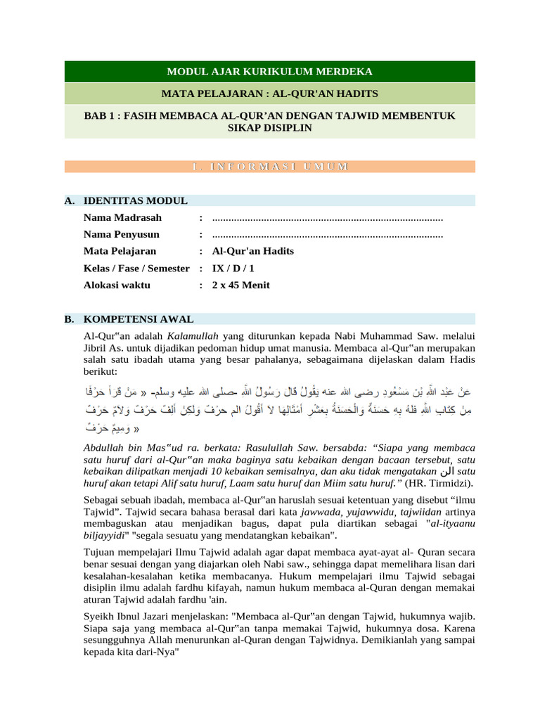 Modul Qurdis 9 Bab 1 - Fasih Membaca Al-Qur'an Dengan Tajwid Membentuk Sikap Disiplin | PDF