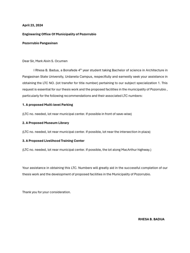 Sample Letter For Lot Acquisition For Thesis | PDF