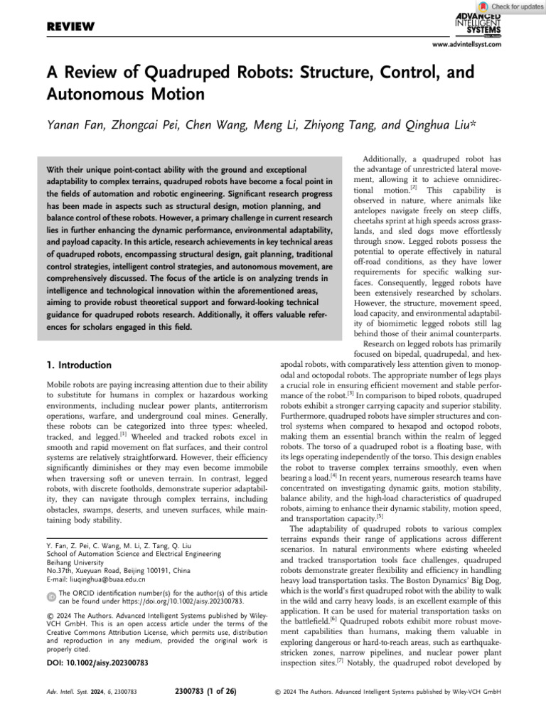 A Review of Quadruped Robots Structure Control and Autonomous Motion | PDF