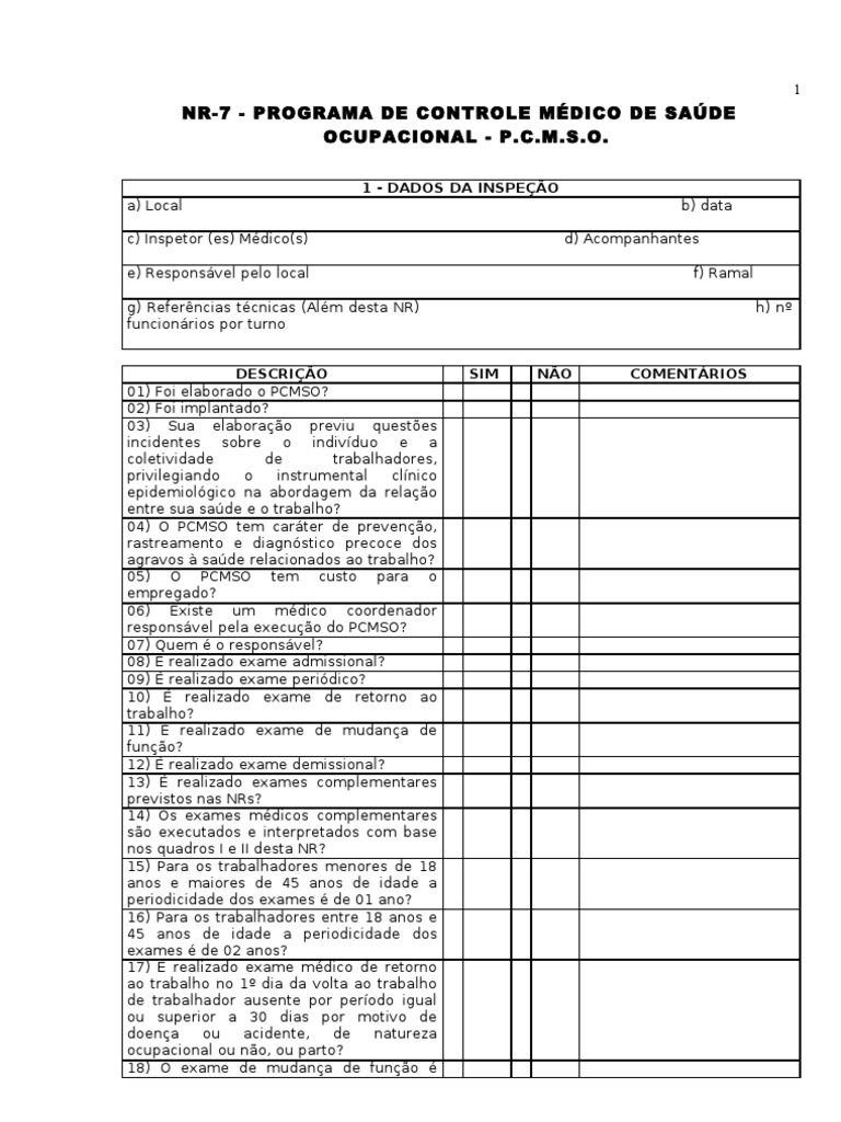 Check List Conformidade NR 07 | PDF | Terapia ocupacional | Ciências da ...
