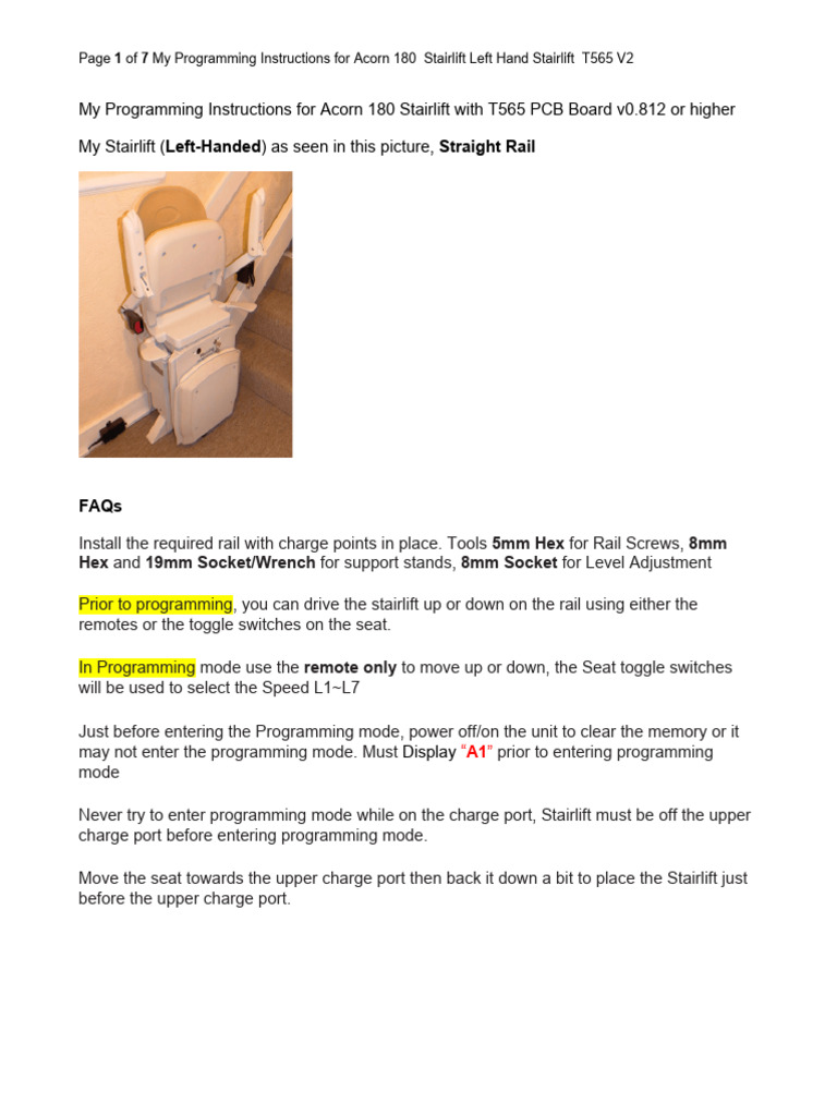 Acorn 180 Stairlift Programming Guide | PDF | Technology & Engineering