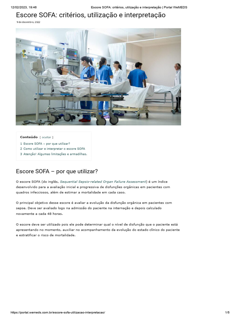 Escore SOFA - Critérios, Utilização e Interpretação - Portal WeMEDS | PDF