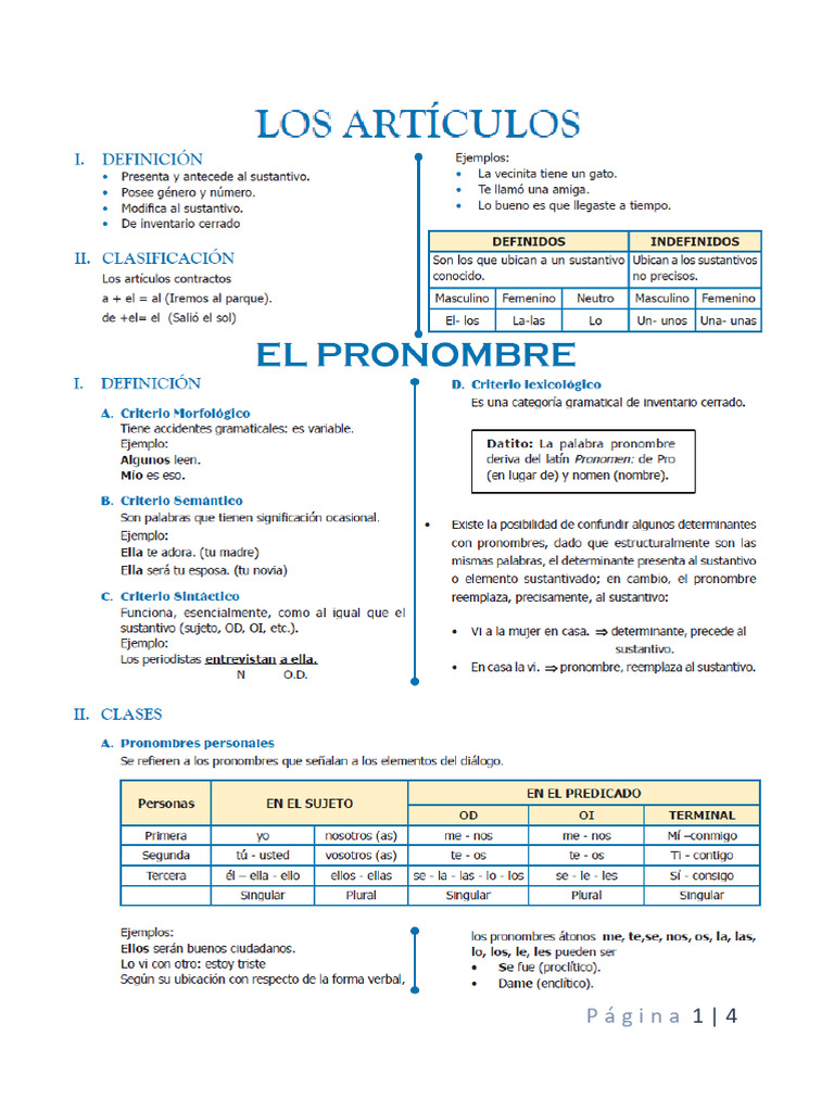Funciones y Clasificación de Artículos y Pronombres | PDF | Sustantivo ...