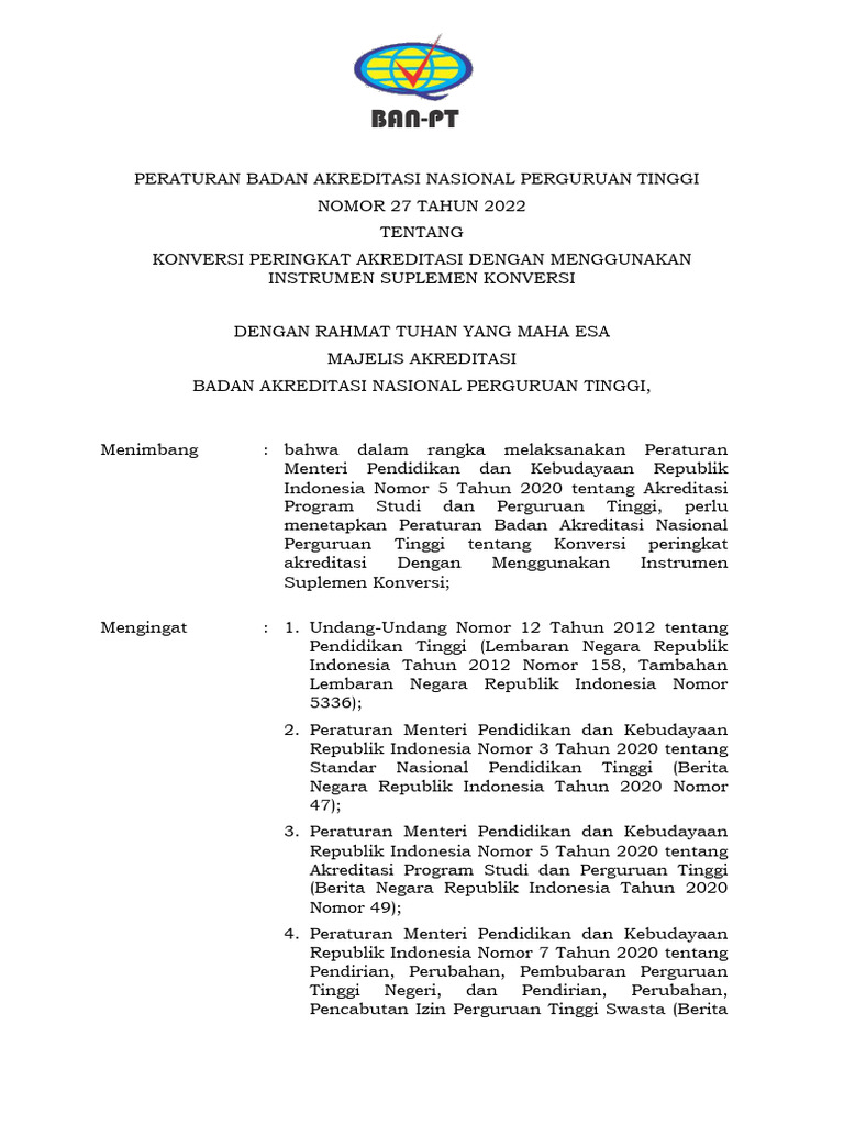Peraturan BAN PT Nomor 27 2022 Tentang ISK - Final | PDF