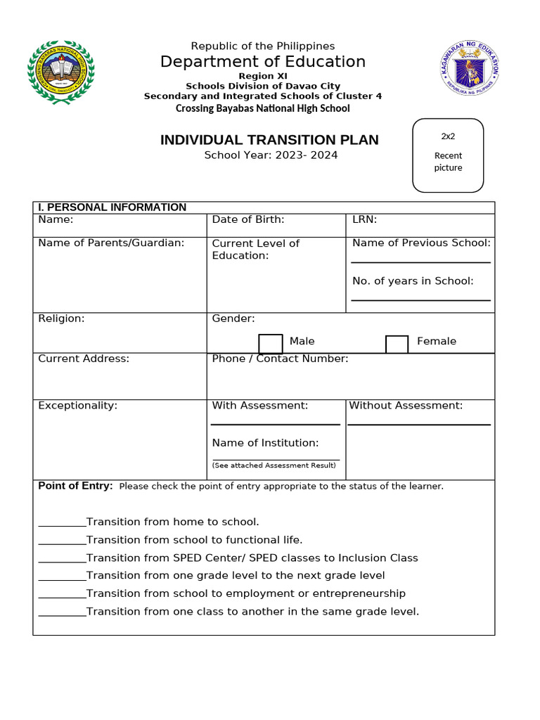 INDIVIDUAL TRANSITION PLAN ITP | PDF