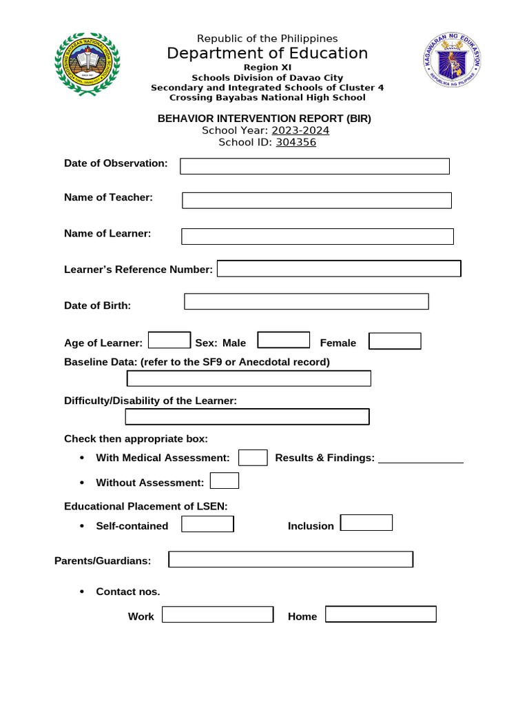Behavior Intervention Report Bir | PDF
