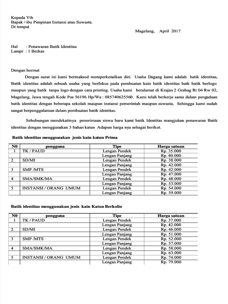 PDF Proposal Penawaran Seragam Batik Identitas 1 - Compress | PDF | Indonesia | Handicrafts