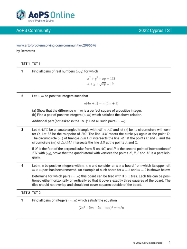 Aops Community 2022 Cyprus TST | PDF