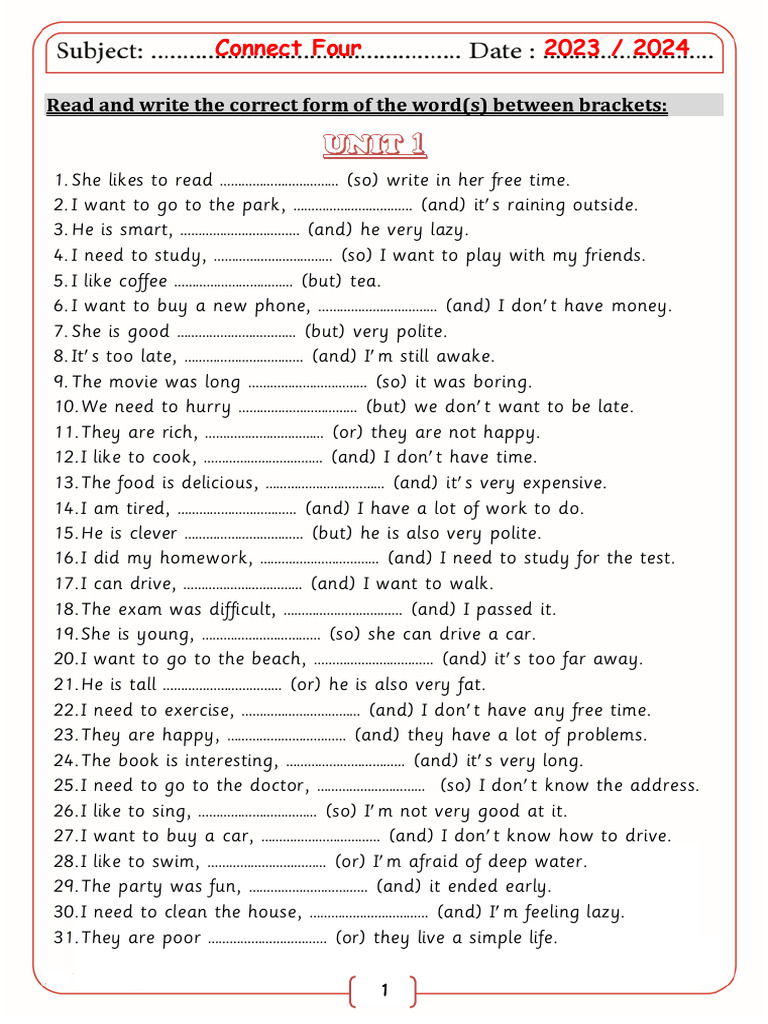 Connect 4 (Read and Write The Correct Form of The Words Between Brackets) Part 1 - by Mr. Ahmed ...