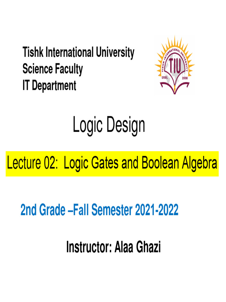 Logic Design Lect 02 Logic Gates and Boolean Algebra | PDF