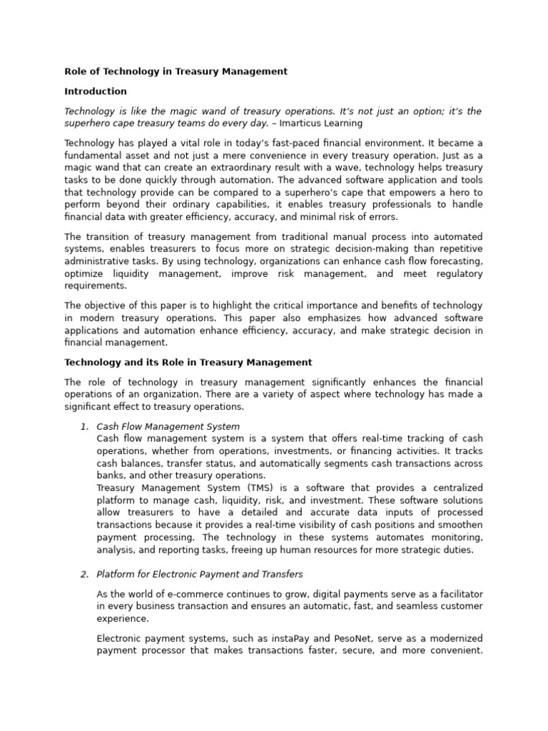 Role Of Technology In Treasury Management Pdf