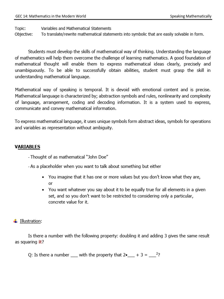Speaking Mathematically 1stsem SY 2024 2025 | PDF
