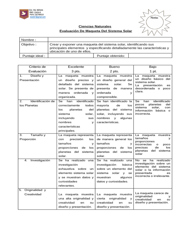 Rúbrica Evaluación Maqueta Del Sistema Solar | PDF