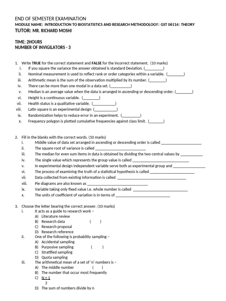 Biostatic and Research - Moshi | PDF | Sampling (Statistics) | Teaching ...