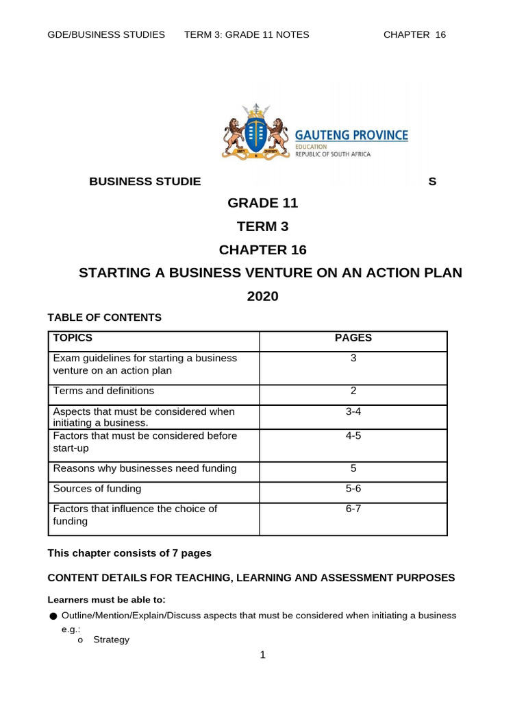 2021 Business Studies Grade 11 Notes Term 3 Chapter 16 | PDF
