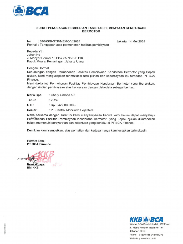 SURAT PENOLAKAN FASILITAS PEMBIAYAAN JOHAN KO | PDF