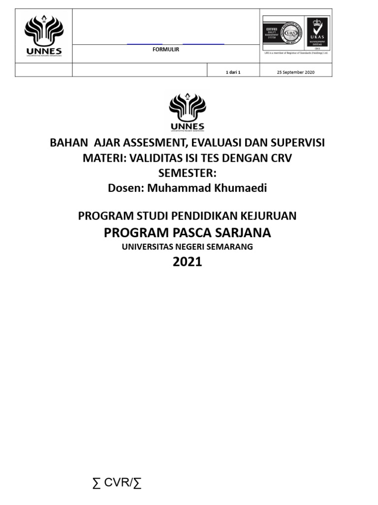 Validitas Isi Tes Dengan CVR - UL | PDF