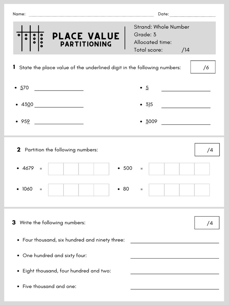 Grade 3 Place Value Partitioning Worksheet - 20240819 - 084533 - 0000 | PDF