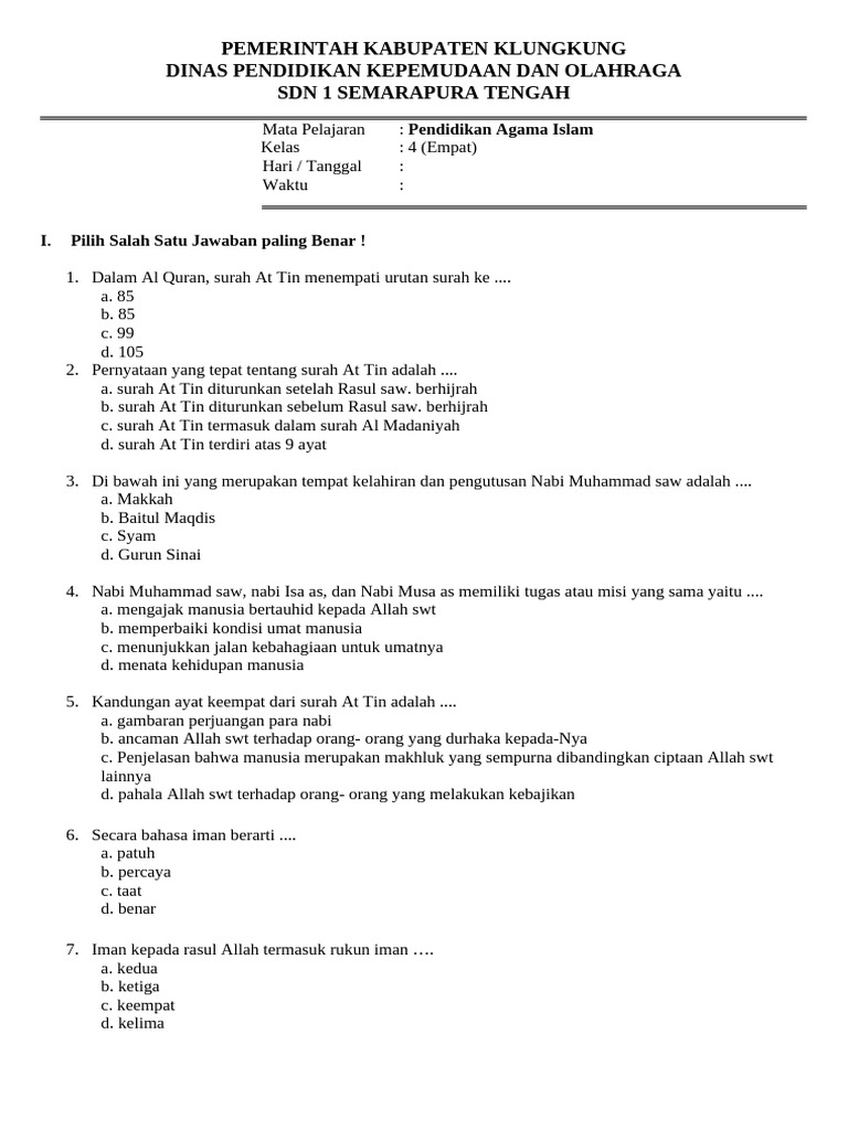 SOAL PAT Kelas 4 Kumer | PDF