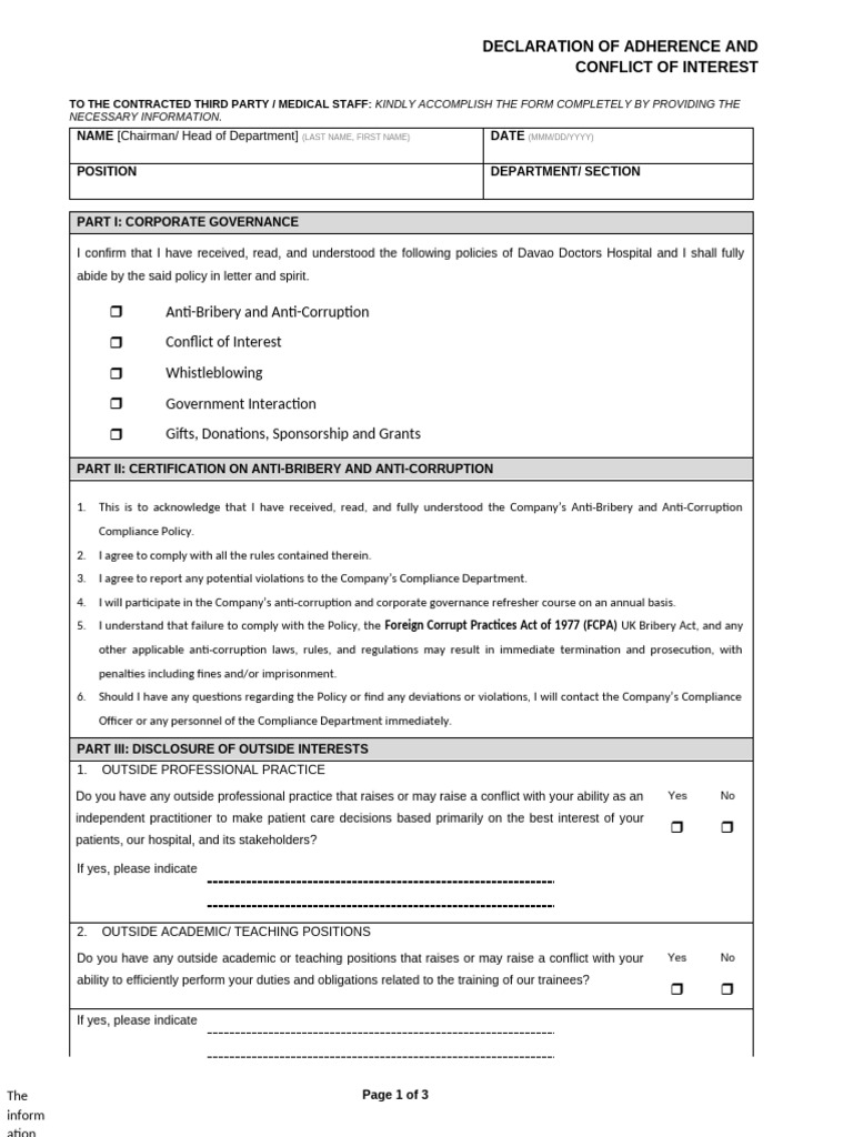Declaration of Adherence and Conflict Interest For Third Party - Standard Form | PDF