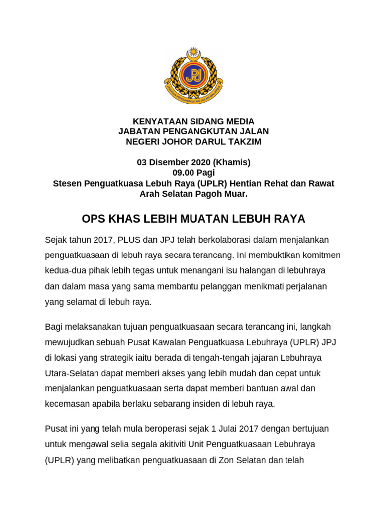 TEKS SIDANG MEDIA OPS KHAS LEBIH MUATAN 2020 | PDF