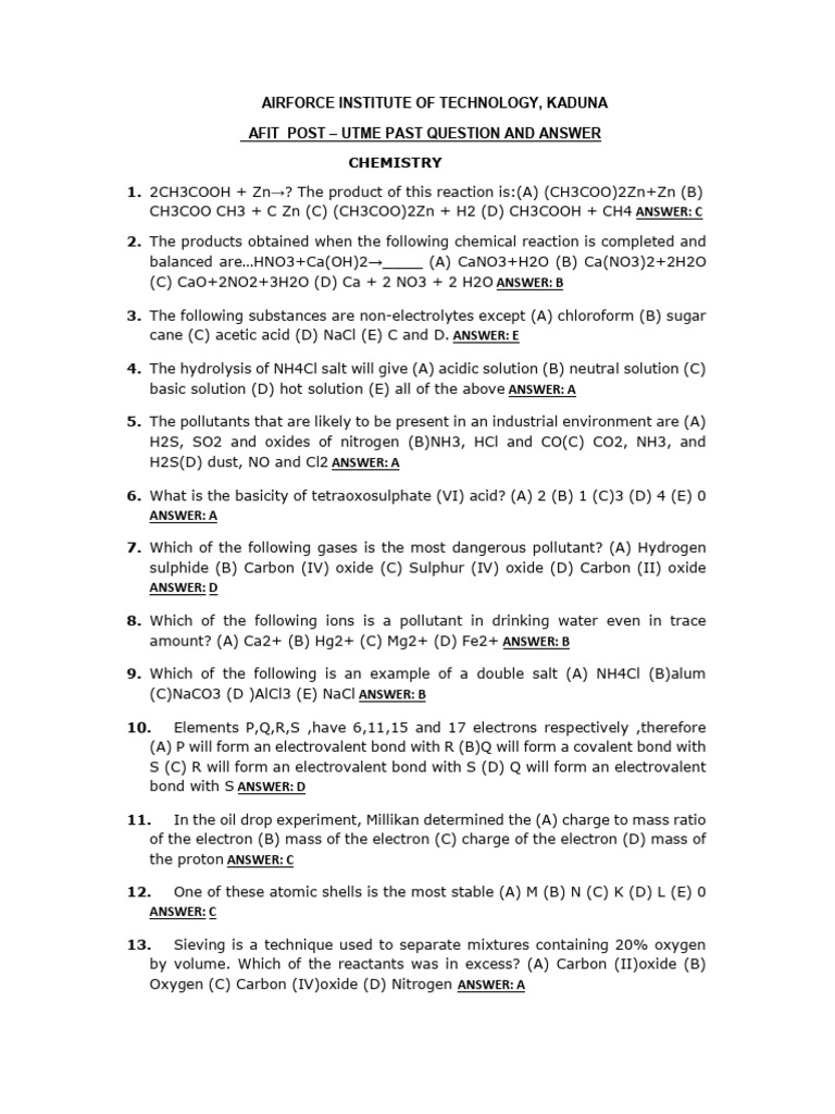 AFIT Chemistry Past Questions | PDF