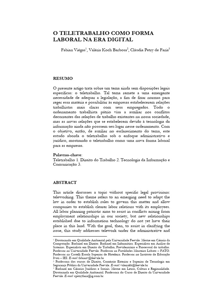 O Teletrabalho Como Forma Laboral Na Era Digital: Resumo | PDF