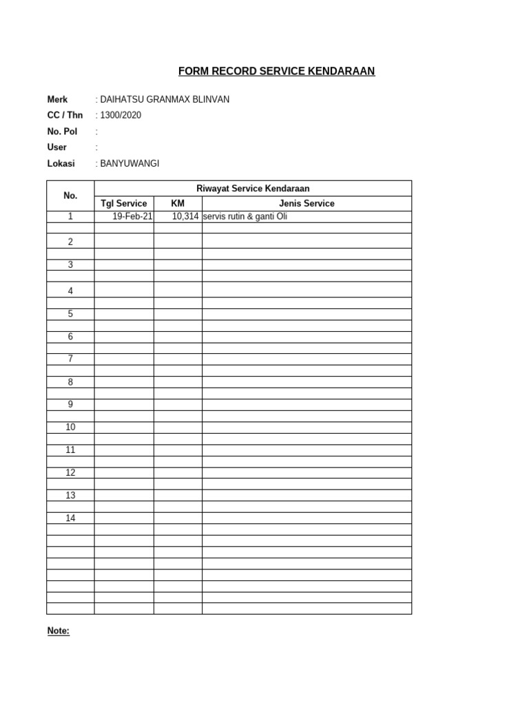 Contoh Form Record Service Kendaraan | PDF