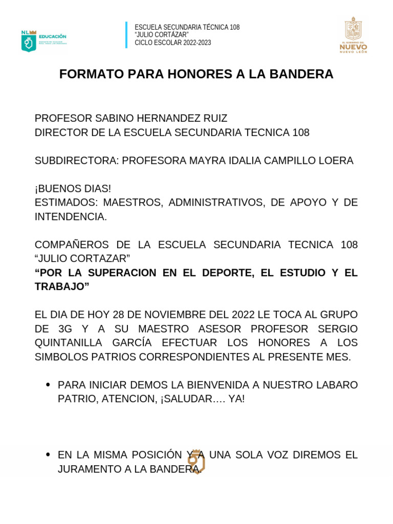 FORMATO PARA HONORES A LA BANDERA 28 NOV | PDF