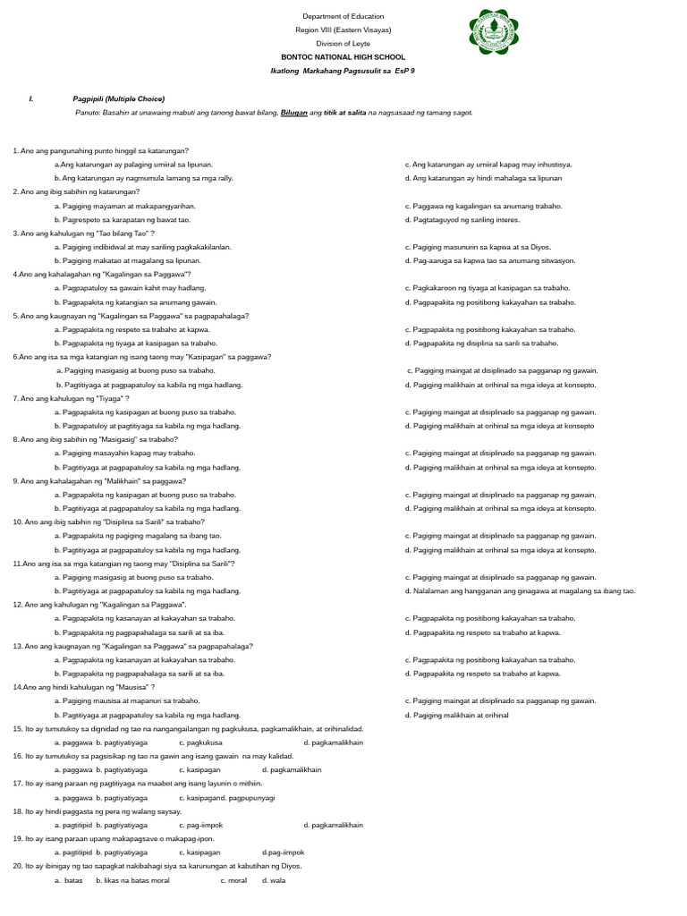 EsP 9 Exam: Justice and Values | PDF | Career & Growth