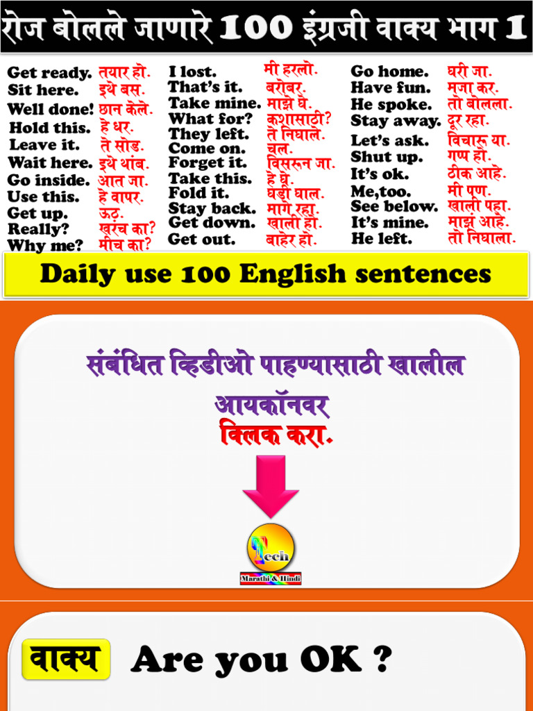 100 English Sentences With Marathi Meanings Part 1 | PDF