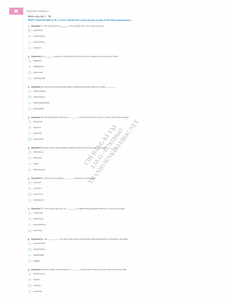 Word Form - Practice 1 Đáp Án | PDF