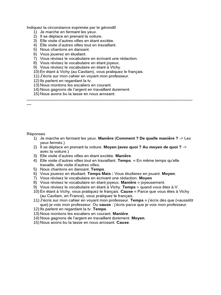 Gérondif, Exercice Supplémentaire. | PDF
