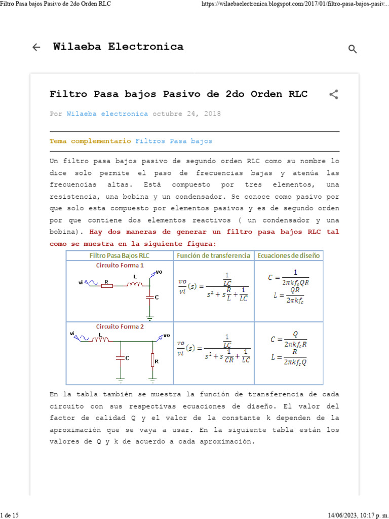 Filtro Pasa Bajos Pasivo de 2do Orden RLC | PDF