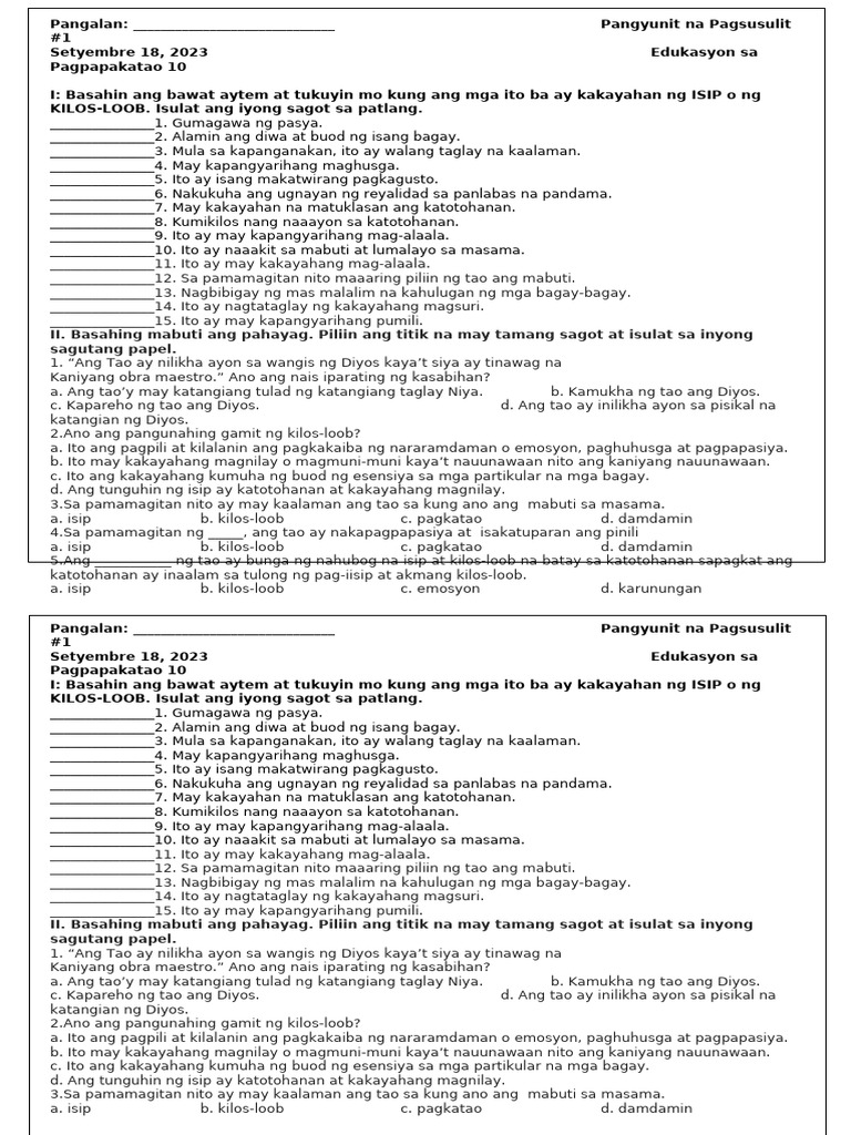Week 1 and 2 Summative EsP 10 | PDF