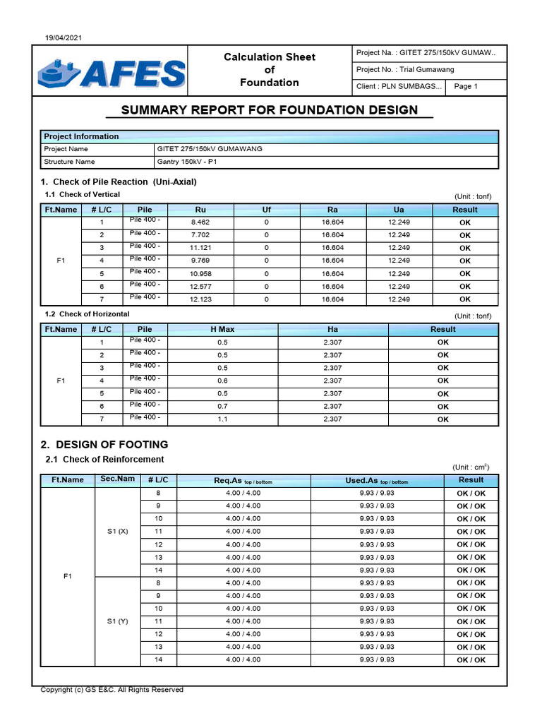 Summary Report For Foundation Design: Calculation Sheet of Foundation | PDF