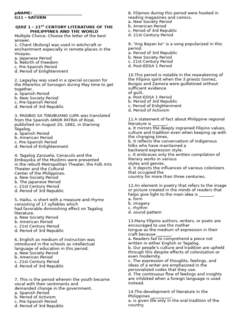 21st Century Week 1 and 2 Quiz | PDF