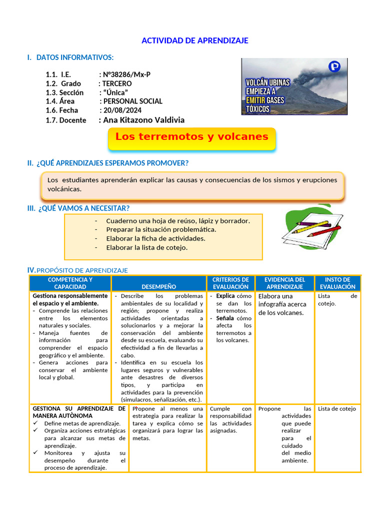 D1 A2 SESION PS. Los Terremotos y Volcanes | PDF