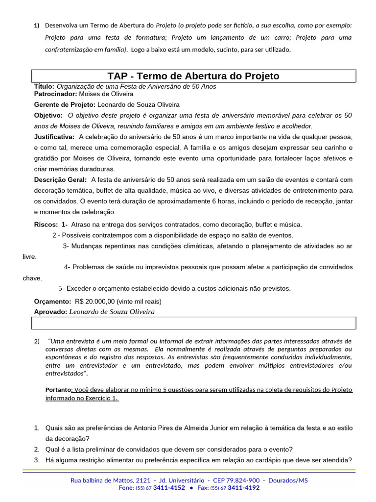 TAP - Termo de Abertura Do Projeto | PDF